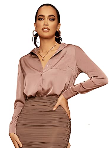 Floerns Women's Satin Long Sleeve Button Up Blouse Work Office Silky Shirts Tops A Pink M