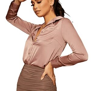 Floerns Women's Satin Long Sleeve Button Up Blouse Work Office Silky Shirts Tops A Pink M