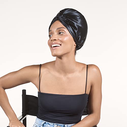 SLIP Silk Turban, Black, One Size (21”- 28”) - Double-Lined Pure Mulberry Silk 22 Momme Hair Turban - Hair-Friendly, Lightweight and Multipurpose Head Wrap + Sleeping Cap for Curly + Thick Hair Types