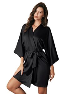 aw bridal women’s black silk robe, short satin kimono robe bridal party robes for brides bridesmaids, black s