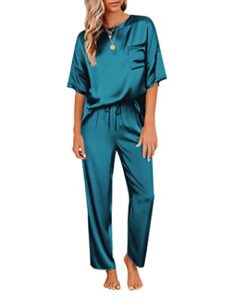 ekouaer satin pajama set for women silk pajamas set satin pj set short sleeve top and long pant pajama set two piece sleep set silky sleepwear nightwear green l