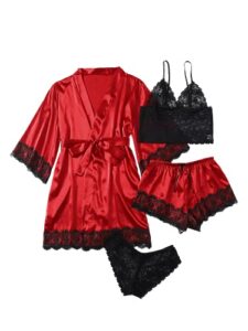 wdirara women’ silk satin pajamas set 4pcs lingerie floral lace cami sleepwear with robe red black l