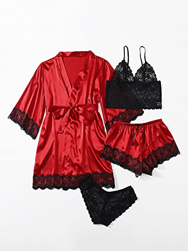 WDIRARA Women' Silk Satin Pajamas Set 4pcs Lingerie Floral Lace Cami Sleepwear with Robe Red Black L