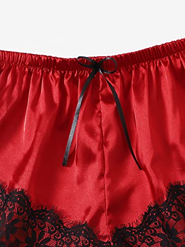 WDIRARA Women' Silk Satin Pajamas Set 4pcs Lingerie Floral Lace Cami Sleepwear with Robe Red Black L