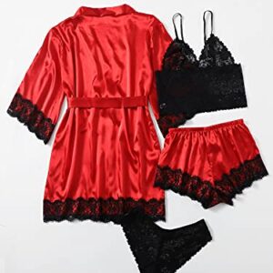 WDIRARA Women' Silk Satin Pajamas Set 4pcs Lingerie Floral Lace Cami Sleepwear with Robe Red Black L