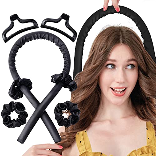 Heatless Curling Rod Silk Headband, No Heat Curls Rollers, Curlers with Ribbons Sleeping Soft Wave Hair Curler DIY Hair Styling Tools Formers for Long Medium Hair (Glossy Black)