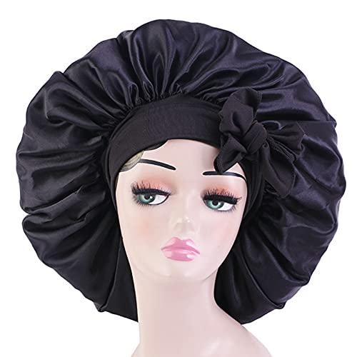 Satin Bonnet Silk Bonnet Hair Bonnet Jumbo Size for Sleeping Satin Bonnet Stretchy Tie Band for Women Long Curly Braid Hair (Black)