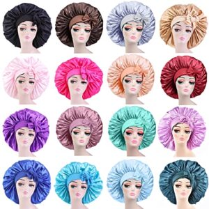 Satin Bonnet Silk Bonnet Hair Bonnet Jumbo Size for Sleeping Satin Bonnet Stretchy Tie Band for Women Long Curly Braid Hair (Black)