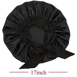 Satin Bonnet Silk Bonnet Hair Bonnet Jumbo Size for Sleeping Satin Bonnet Stretchy Tie Band for Women Long Curly Braid Hair (Black)