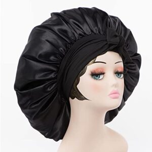 Satin Bonnet Silk Bonnet Hair Bonnet Jumbo Size for Sleeping Satin Bonnet Stretchy Tie Band for Women Long Curly Braid Hair (Black)