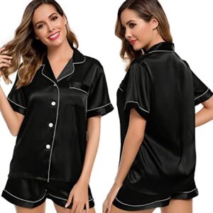 LecGee Womens Silk Satin Pajamas Short Sleeve Loungewear Two-Piece Sleepwear Button-Down Pj Set