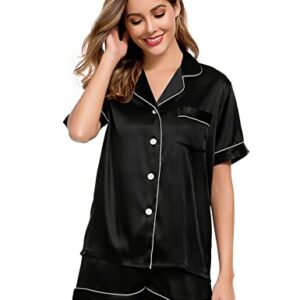 LecGee Womens Silk Satin Pajamas Short Sleeve Loungewear Two-Piece Sleepwear Button-Down Pj Set