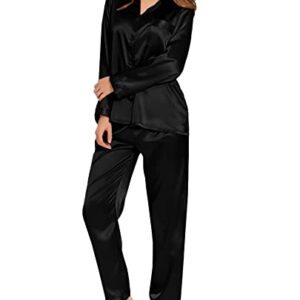 SWOMOG Women's Silk Satin Pajamas Set Long Sleeve Sleepwear Button-Down Pj Set 2 Pcs Nightwear Loungewear Black