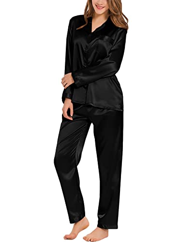 SWOMOG Women's Silk Satin Pajamas Set Long Sleeve Sleepwear Button-Down Pj Set 2 Pcs Nightwear Loungewear Black