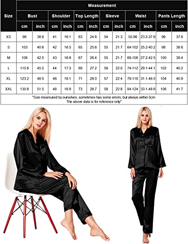 SWOMOG Women's Silk Satin Pajamas Set Long Sleeve Sleepwear Button-Down Pj Set 2 Pcs Nightwear Loungewear Black