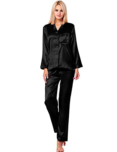 SWOMOG Women's Silk Satin Pajamas Set Long Sleeve Sleepwear Button-Down Pj Set 2 Pcs Nightwear Loungewear Black