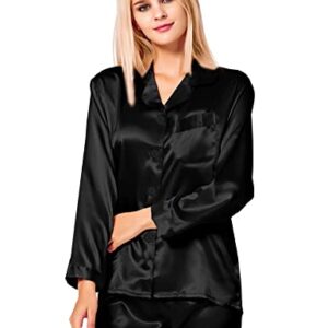 SWOMOG Women's Silk Satin Pajamas Set Long Sleeve Sleepwear Button-Down Pj Set 2 Pcs Nightwear Loungewear Black