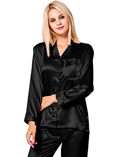 SWOMOG Women's Silk Satin Pajamas Set Long Sleeve Sleepwear Button-Down Pj Set 2 Pcs Nightwear Loungewear Black