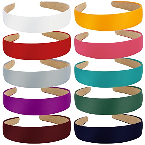 Wecoe 10 Pack Satin Headbands 1.3 Inch Wide Silk Headband Women Non Slip White Purple Red Blue Green Colorful Plain Head bands Hair Bands DIY Hair Accessories for Women Girls Accesorios Para Mujer