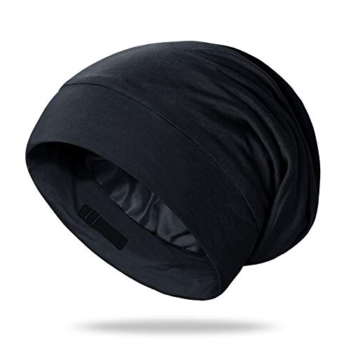 OLESILK Mulberry Silk-Bonnet for Curly Hair, Silk Hair Bonnet for Men Sleeping, Silk Sleep Cap Hair Warp for Medium or Short Frizzy Hair, Unisex, Black