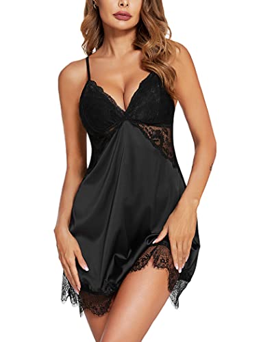 Avidlove Sexy Silk Nightgown for Women Ladies Lace Nightgowns Short Night Dress Plus Size Sleepwear (Black, S)