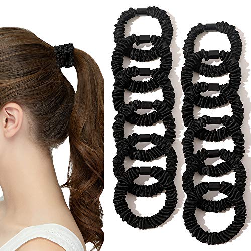 Silk Hair Ties Satin Scrunchies - Black Small Mini Scrunchy for Women Thick Hair Accessories Cute Soft No Slip Hair Elastics Ponytail Holder for Curly Hair No Damage Hairties Gift for Girls