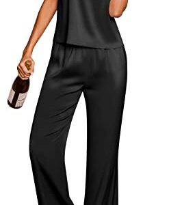 Ekouaer Silk Pajamas for Women Cami Top and Long Pants Sleepwear Cozy Pj Sleep Set with Pockets(Black,S)