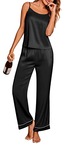 Ekouaer Silk Pajamas for Women Cami Top and Long Pants Sleepwear Cozy Pj Sleep Set with Pockets(Black,S)