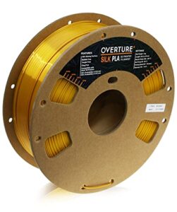 overture silk filament pla 1.75mm clog-free shiny 3d printer filament, 1kg spool (2.2lbs), dimensional accuracy +/- 0.03 mm, fit most fdm printer(silk gold)