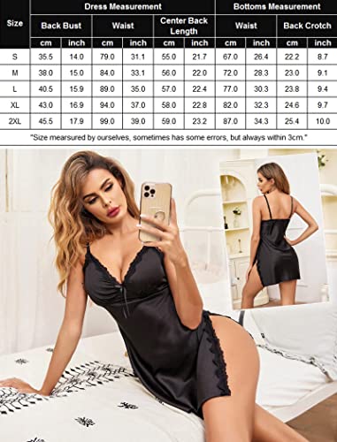 Avidlove Satin Nightgowns for Women Silk Lace Lingerie Satin Side Slit Chemise(Black,M)