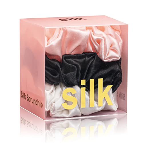 Silk Scrunchies for Hair 100% Mulberry Silk Hair Ties 3 Pack(Black, White, Pink)