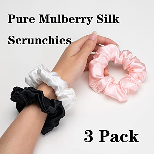 Silk Scrunchies for Hair 100% Mulberry Silk Hair Ties 3 Pack(Black, White, Pink)