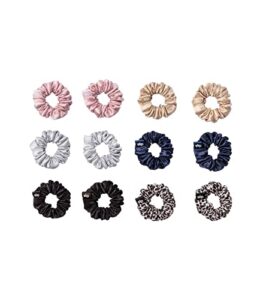 slip silk pure silk minnie scrunchies – classic – 100% pure 22 momme mulberry silk scrunchies for women – hair-friendly scrunchies set in pink, caramel, silver, navy, leopard & black (12 scrunchies)