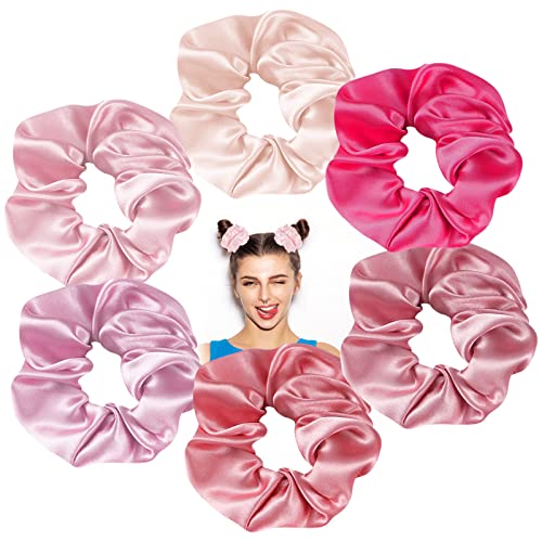 6 Pieces Satin Silk Scrunchies for Hair Pink Silk Scrunchies for Women Girls Elastic Silk Ponytail Holders Cute Big Hair Ties Hair Accessories No Hurt Your Hair, Pink Series