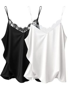 ekouaer women’s 2 pcs silk satin tank top lace cami spaghetti strap top soft camisoles black & white l