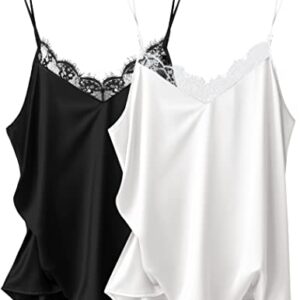 Ekouaer Women's 2 PCS Silk Satin Tank Top Lace Cami Spaghetti Strap Top Soft Camisoles Black & White L