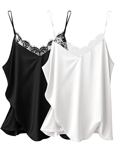 Ekouaer Women's 2 PCS Silk Satin Tank Top Lace Cami Spaghetti Strap Top Soft Camisoles Black & White L