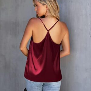 Ekouaer Satin Mesh V Neck Tank Top Women Cami Top Silk Camisole Blouse Red