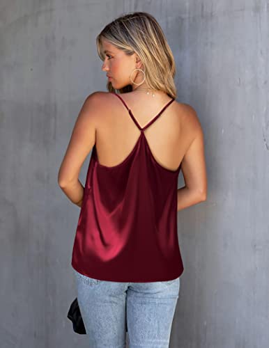 Ekouaer Satin Mesh V Neck Tank Top Women Cami Top Silk Camisole Blouse Red