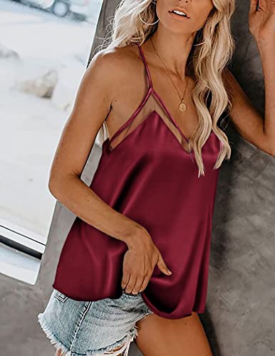 Ekouaer Satin Mesh V Neck Tank Top Women Cami Top Silk Camisole Blouse Red