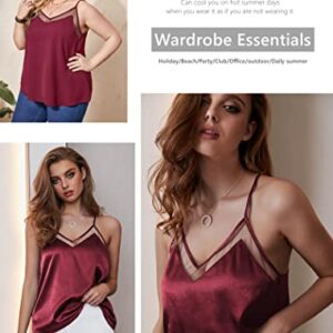 Ekouaer Satin Mesh V Neck Tank Top Women Cami Top Silk Camisole Blouse Red