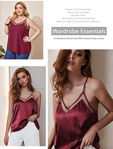 Ekouaer Satin Mesh V Neck Tank Top Women Cami Top Silk Camisole Blouse Red