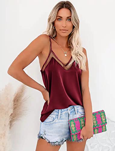 Ekouaer Satin Mesh V Neck Tank Top Women Cami Top Silk Camisole Blouse Red