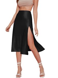 verdusa women’s satin split thigh high waist swing midi skirt satin black m