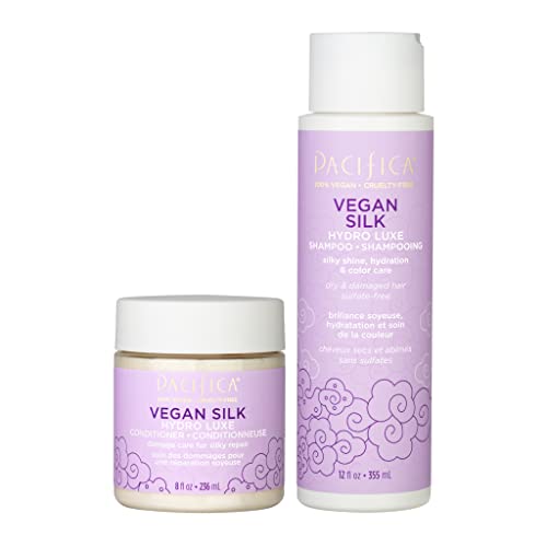 Pacifica Beauty Vegan Silk Shampoo + Conditioner Set, Vanilla, Almond Oil, Shea Butter, Vitamin B for Dry and Damaged Hair, Hydration, Shine, Silky Smooth, Clean Hair Care, 20 Oz