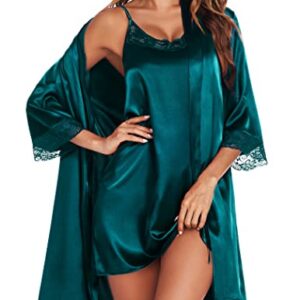 Ekouaer Womens Silk Nightwear Lingerie Nightgown Lace Pajamas Set with Robe Satin Cami Nightdress