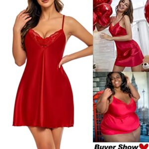 Avidlove Womens Nightgown Silk Lingerie Satin Lace Chemise Sexy Sleepwear V Neck Mini Dress(Red,XL)