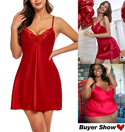 Avidlove Womens Nightgown Silk Lingerie Satin Lace Chemise Sexy Sleepwear V Neck Mini Dress(Red,XL)