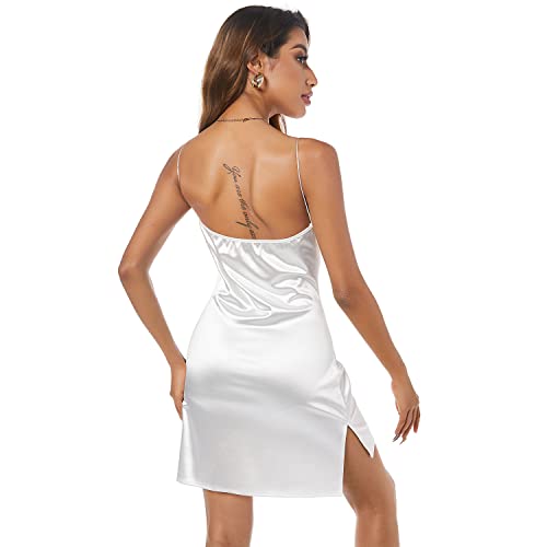 ZAFUL Women's Casual Satin Dress Spaghetti Strap Cowl Neck Slips Nightwear Side Slit Cocktail Party Silk Mini Cami Dresses (A-f White,M)