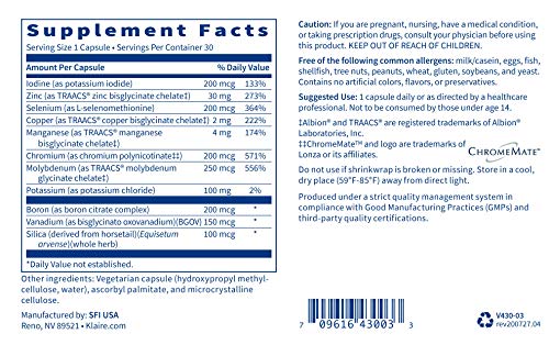 Klaire Labs LDA Trace Mineral Complex - 11 Essential Trace Elements with TRAACS Chelated Minerals, Hypoallergenic & No Iron (30 Vegetarian Capsules)